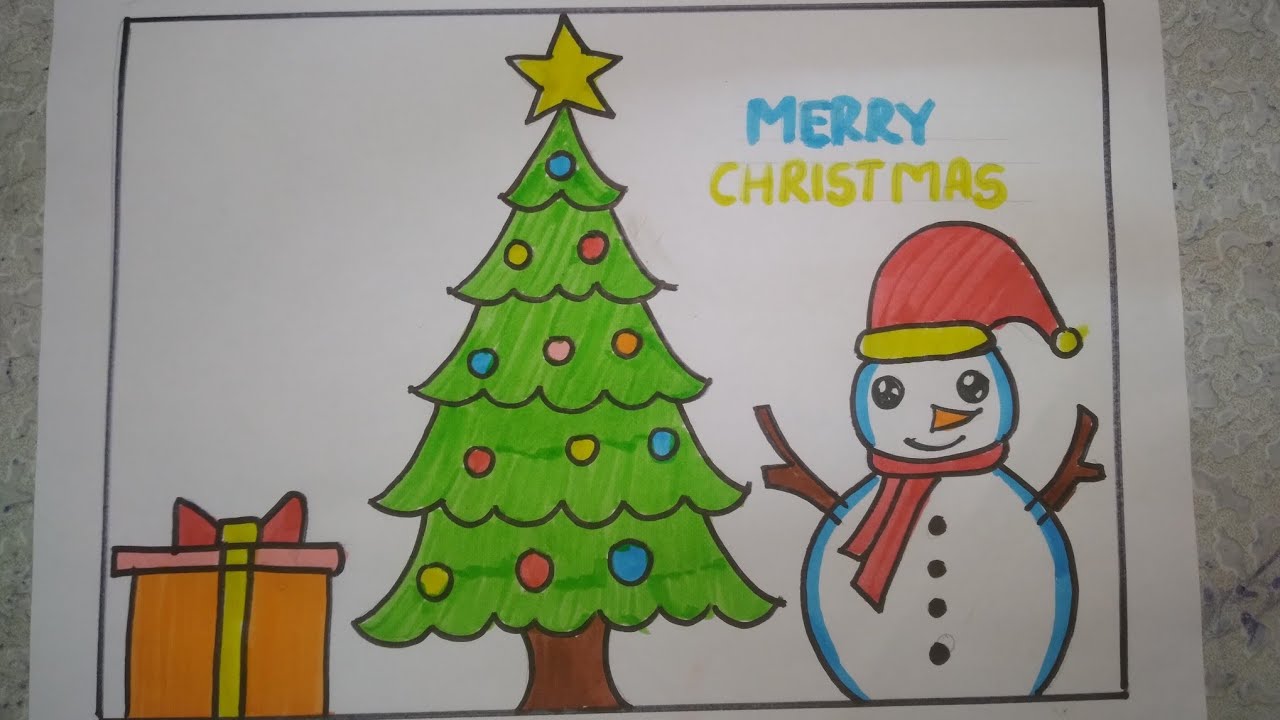 Happy Christmas Drawing Easy/Christmas tree drawing/Snowman drawing ...