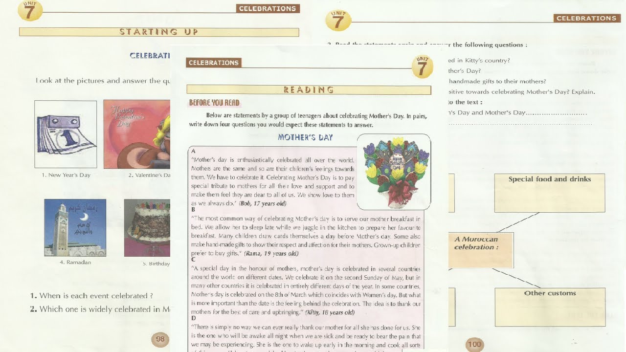 Ticket To English Unit 7:Celebrations "Page 98-99-100" 1st bac اولى باك - YouTube