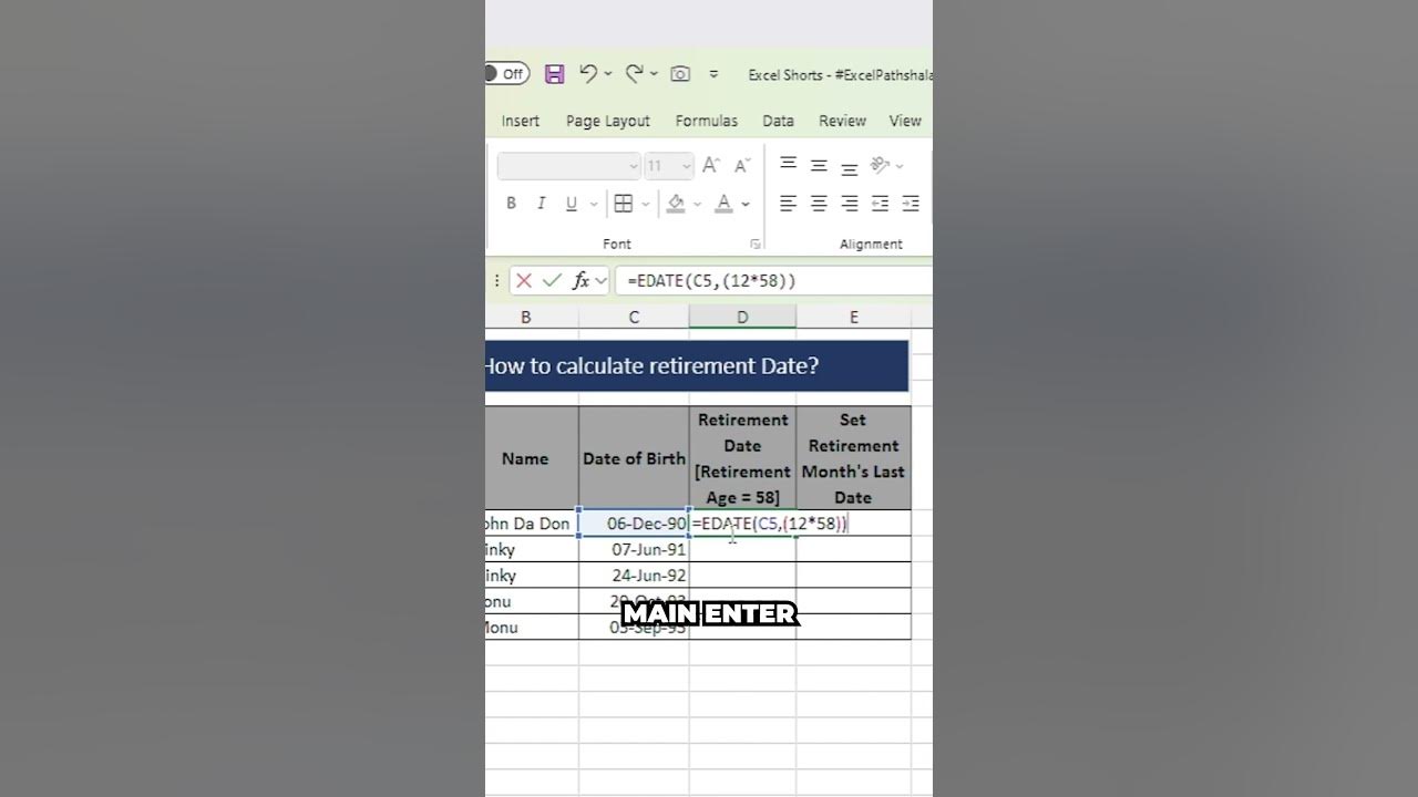 How to Calculate Retirement Date in Excel: Pro Tip#shorts #ytshorts #ytshortsindia #excel # ...