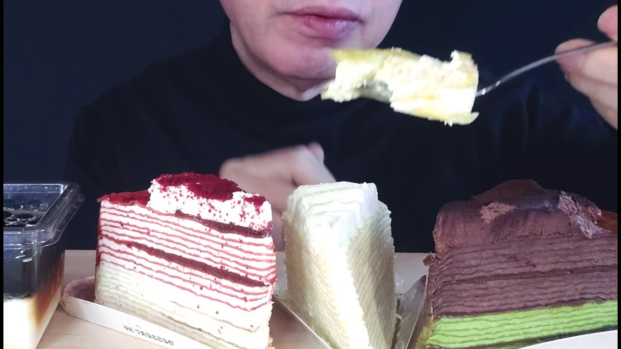 ASMR MUKBANG, Double Crepe Cakes, Gong Cha and Spoon Pearl Cake, 조각케이크 ...