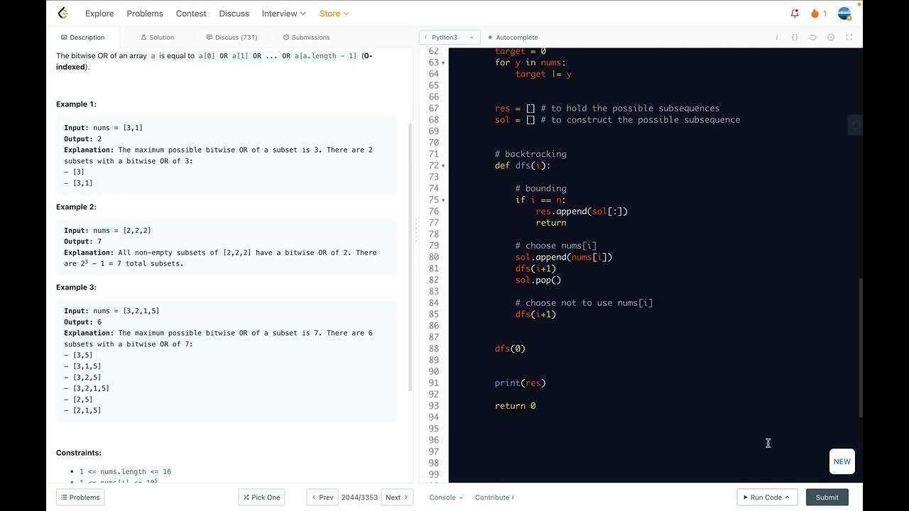 2044 Count Number of Maximum Bitwise OR Subsets | bitmask, backtracking, details comparison ...