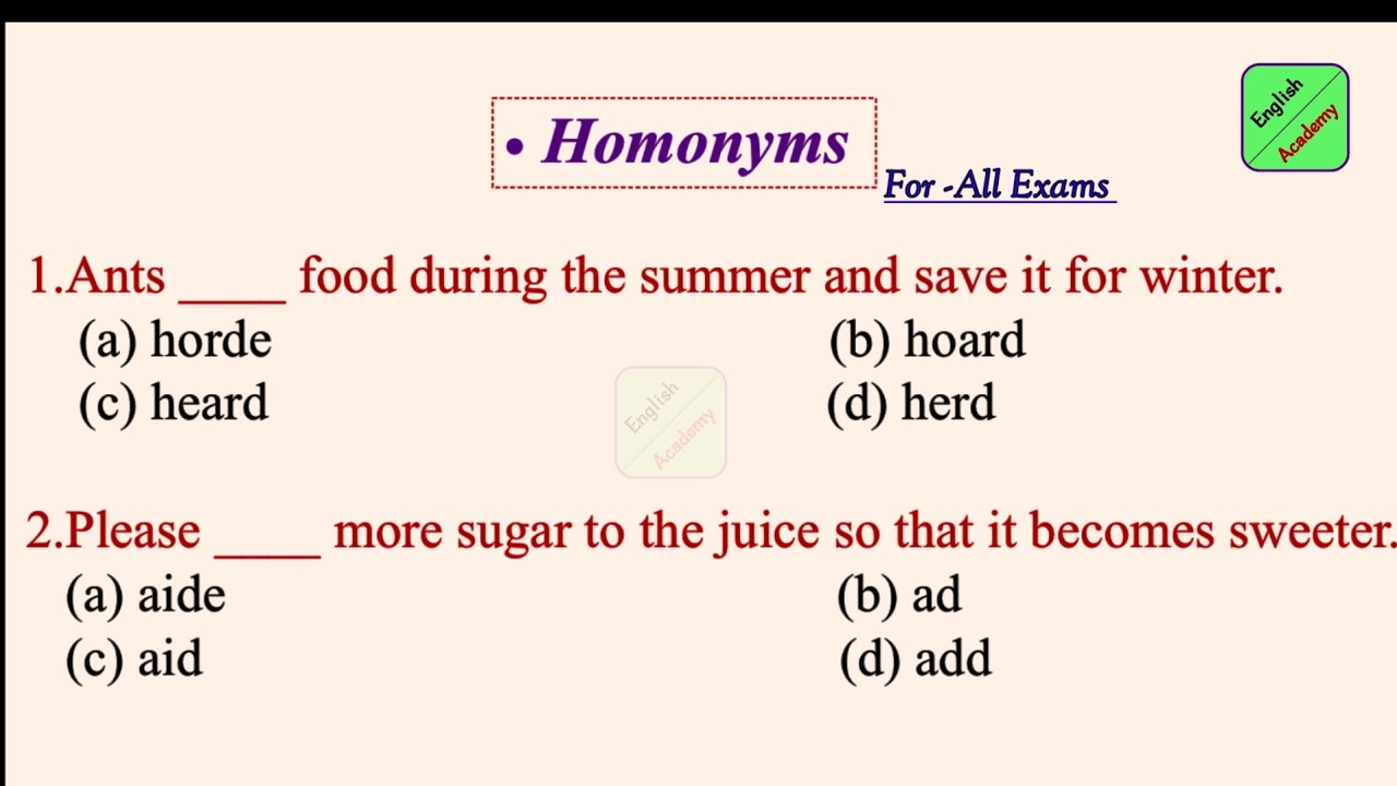 Homonyms Practice Set -1, For All Exams (#advanceenglishacademy by ...
