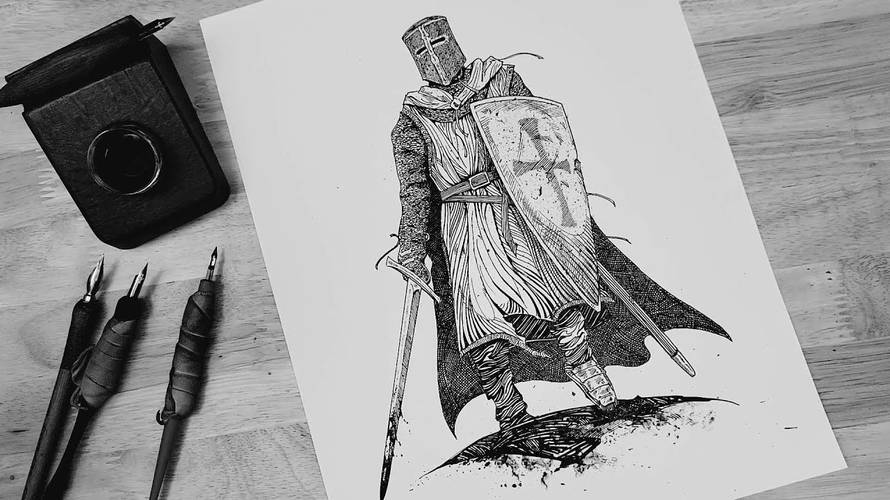 Inking Textures Crusader Knight Pen and Ink Drawing - YouTube