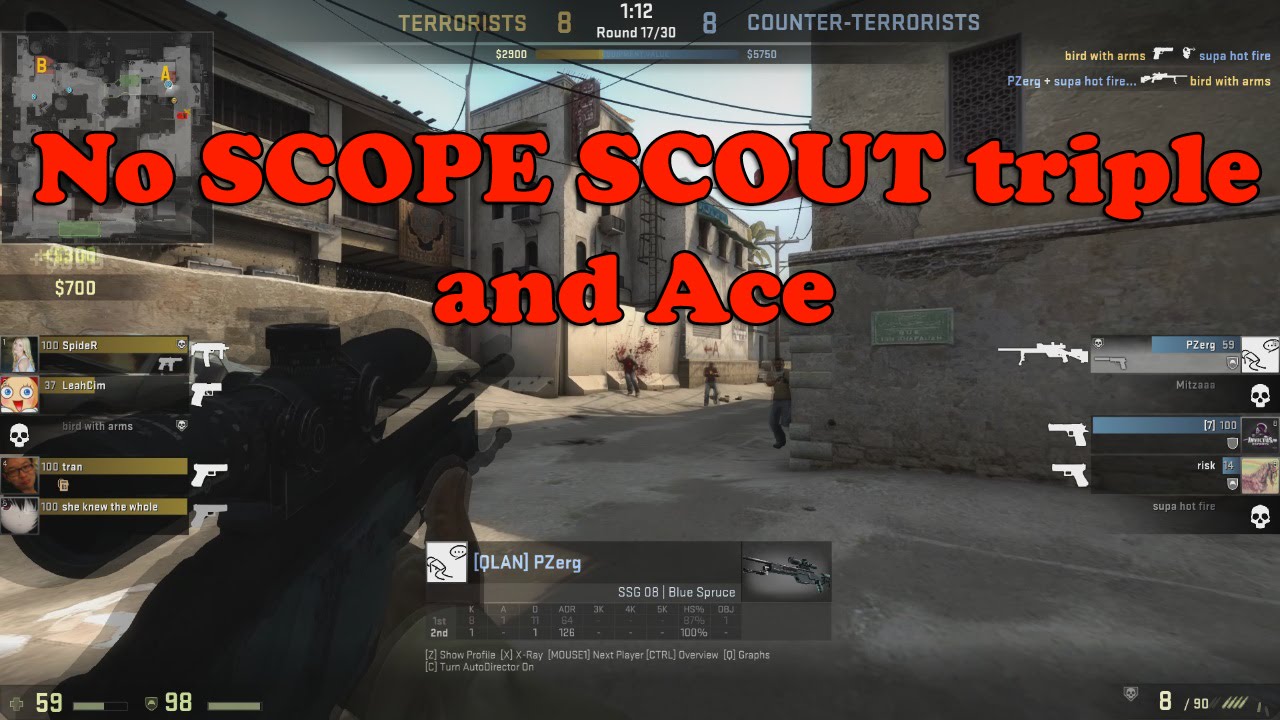 CS:GO - No scope triple scout and Ace with 1 hp - YouTube
