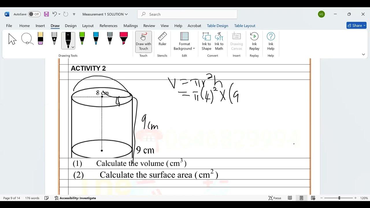 ACTIVITY 2 GIVEN CYLINDER CALCULATE VOLUME & Surface area Measurements ...