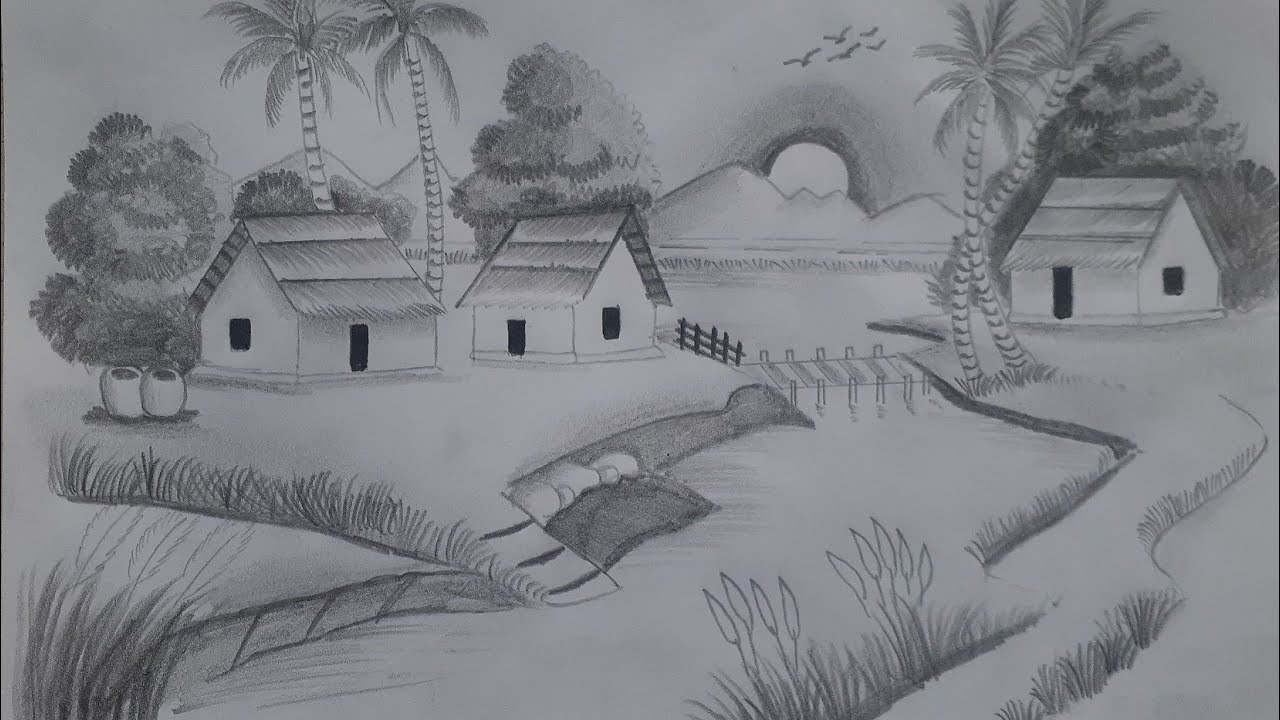 How to draw a village house scenery with pencil |landscape village ...