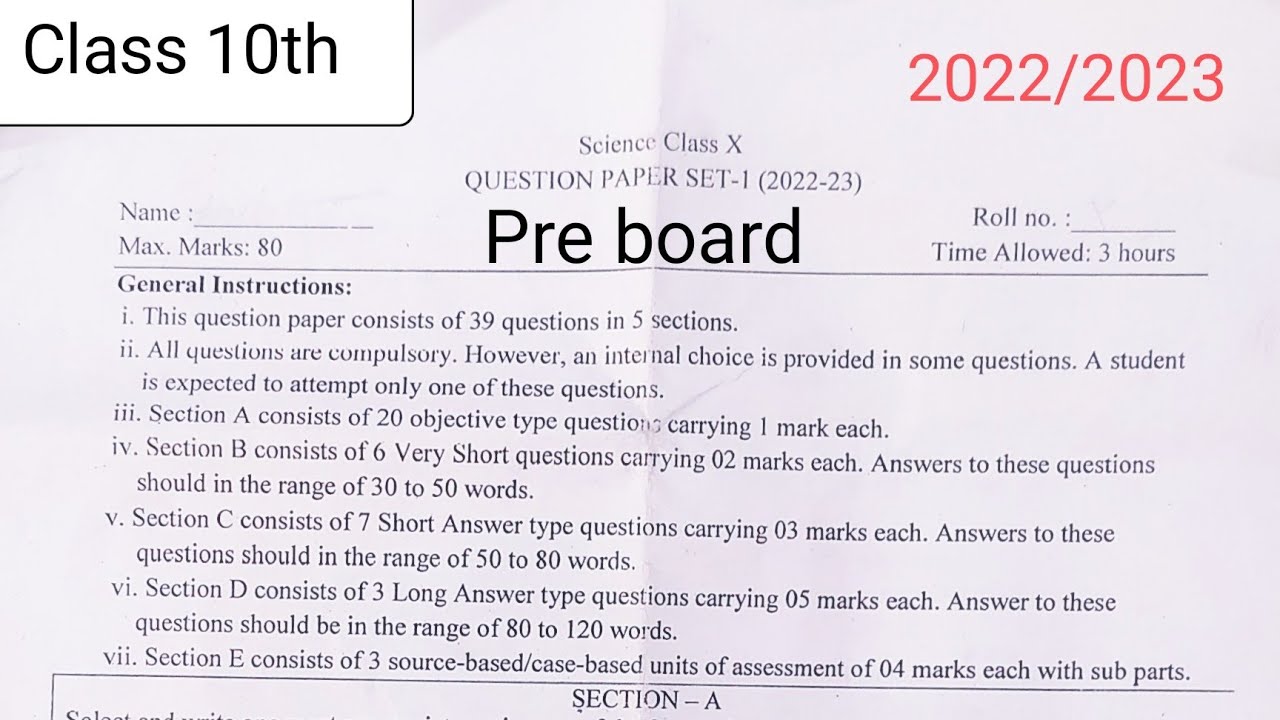 Latest | Pre Board | Class-10th | Science Question Paper | 2022/2023 ...