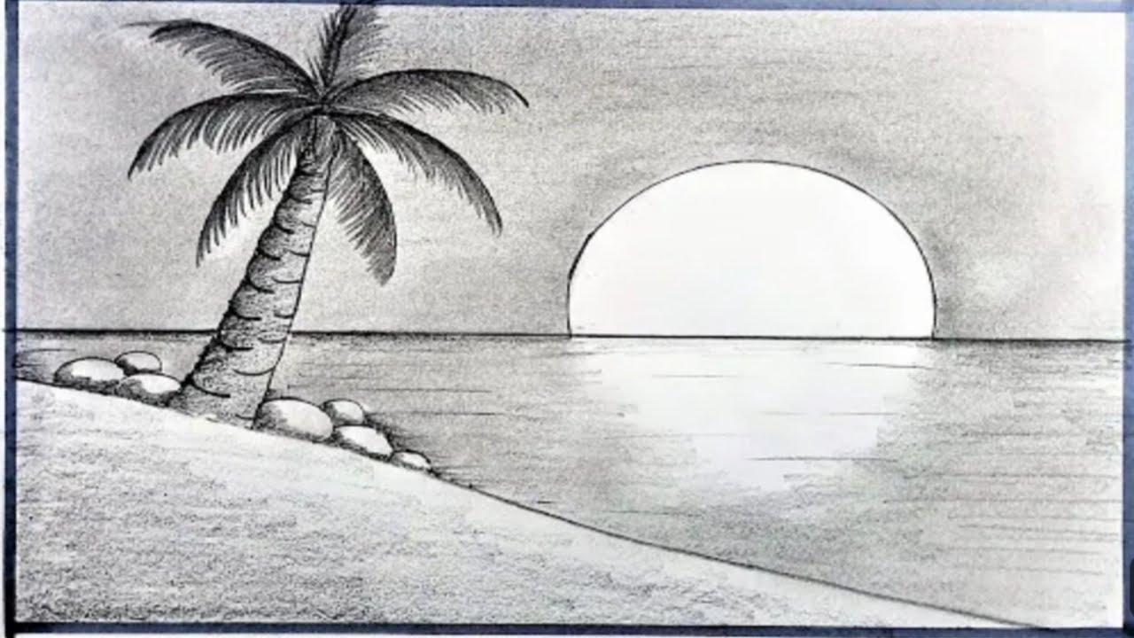 Sunset Beach Pencil Drawing