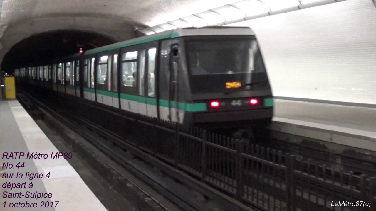 RATP Métro MP89 [No. 44] sur la ligne 4 départ à Saint-Sulpice - YouTube