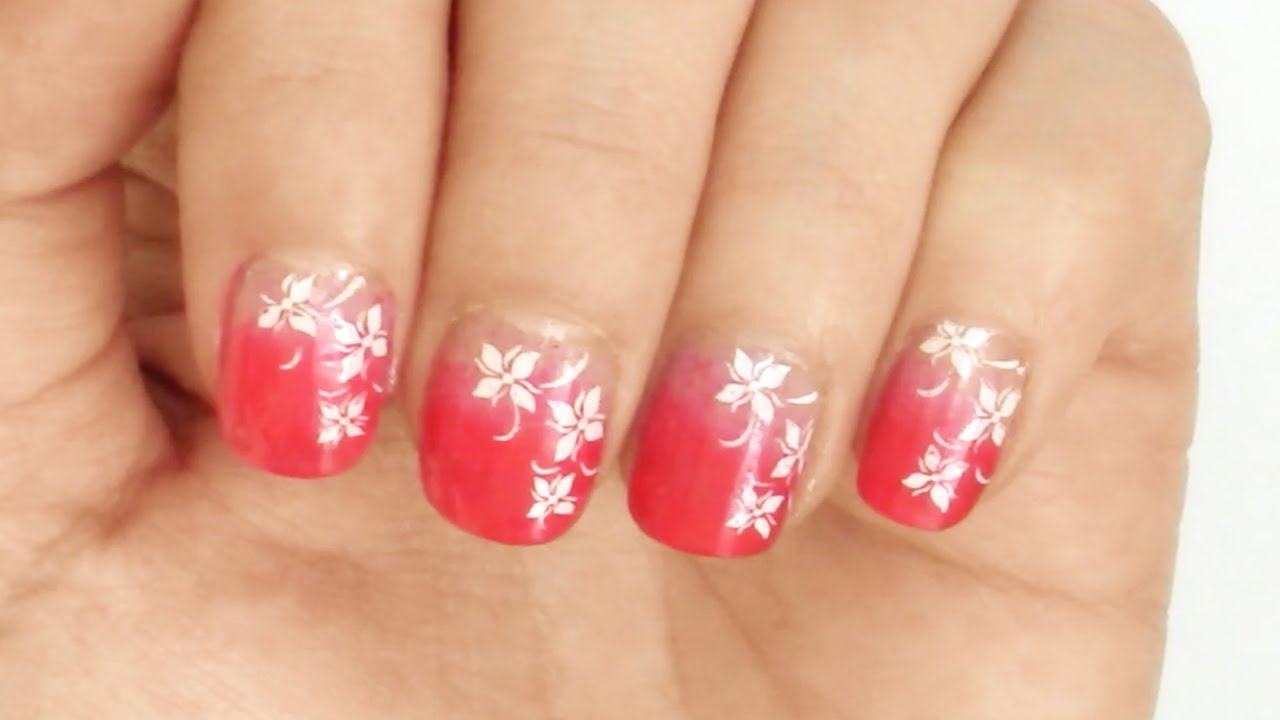 Pink Gradient & White Flowers - Stamping Nail Art Tutorial - YouTube