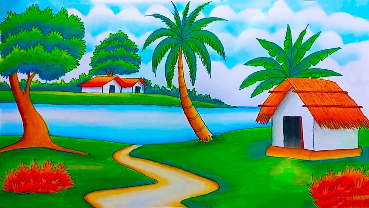 How to Draw a Village River Scenery | Easy Drawing for Beginners ...