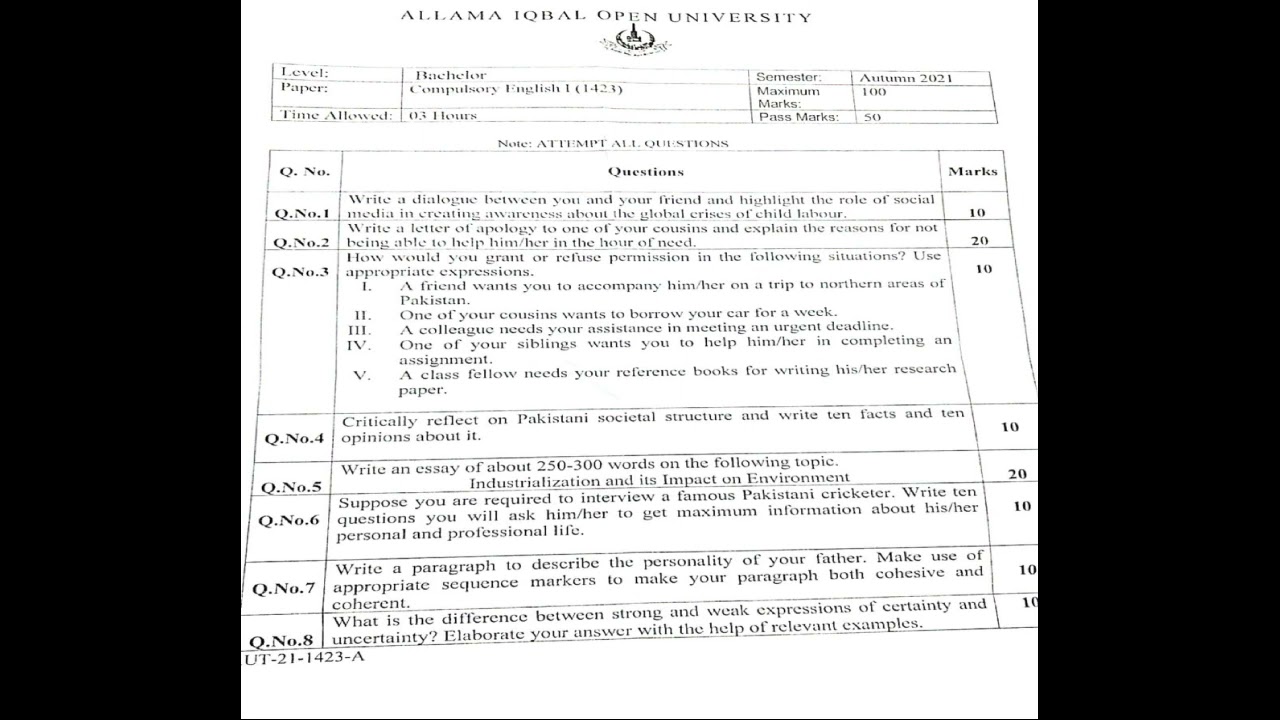 Aiou Course Code 1423 Past papers - YouTube