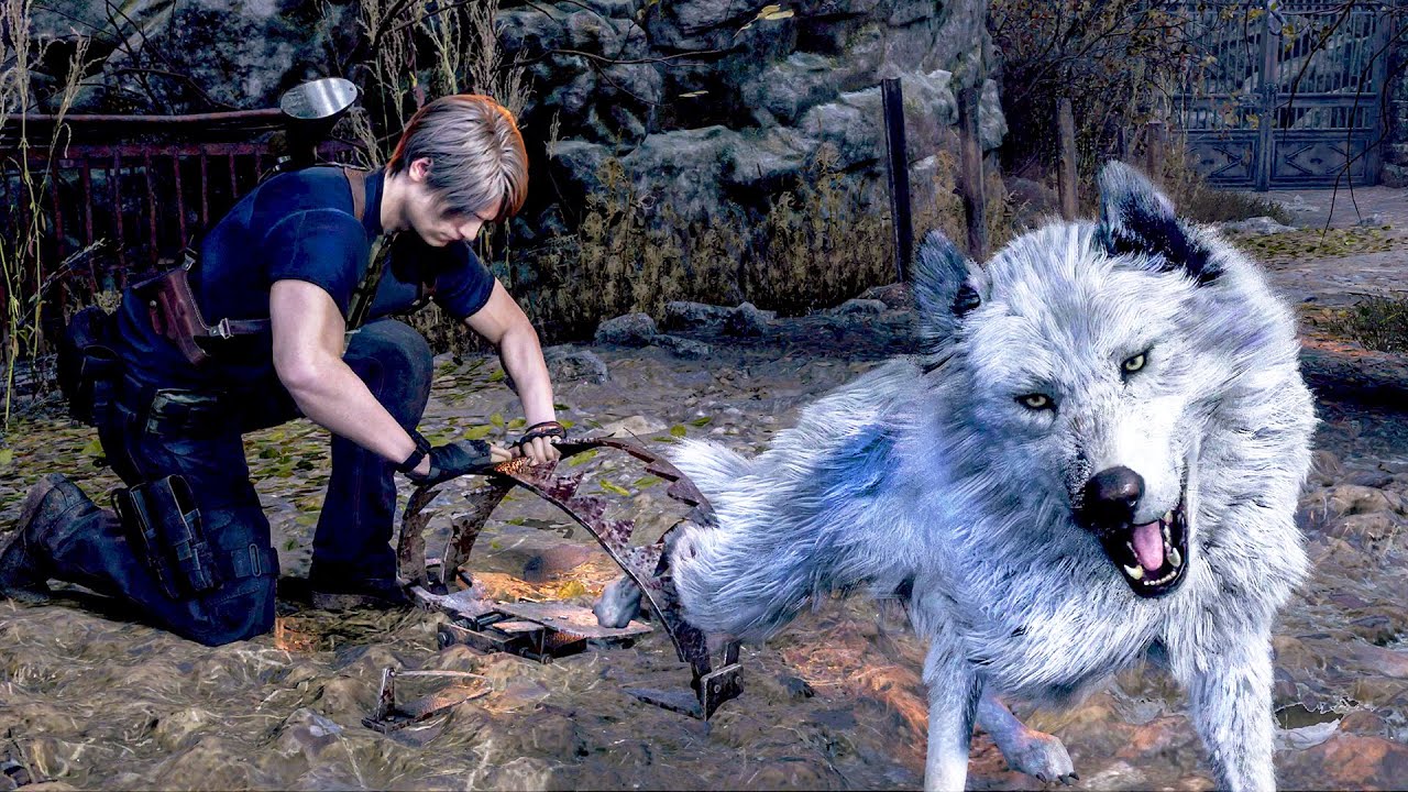 Resident Evil 4 Remake - Leon saves Dog from Bear Trap - YouTube