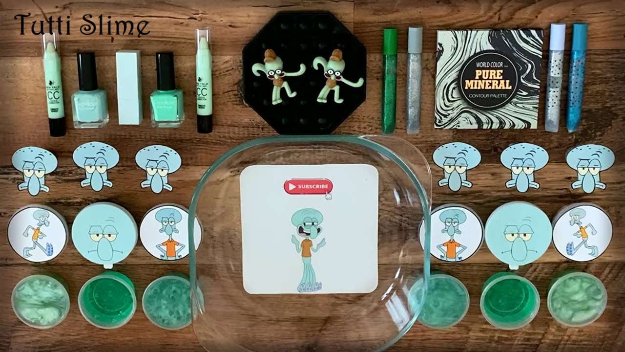 Mixing "Squidward" Makeup, Glitter and more into Slime! Satisfying ...