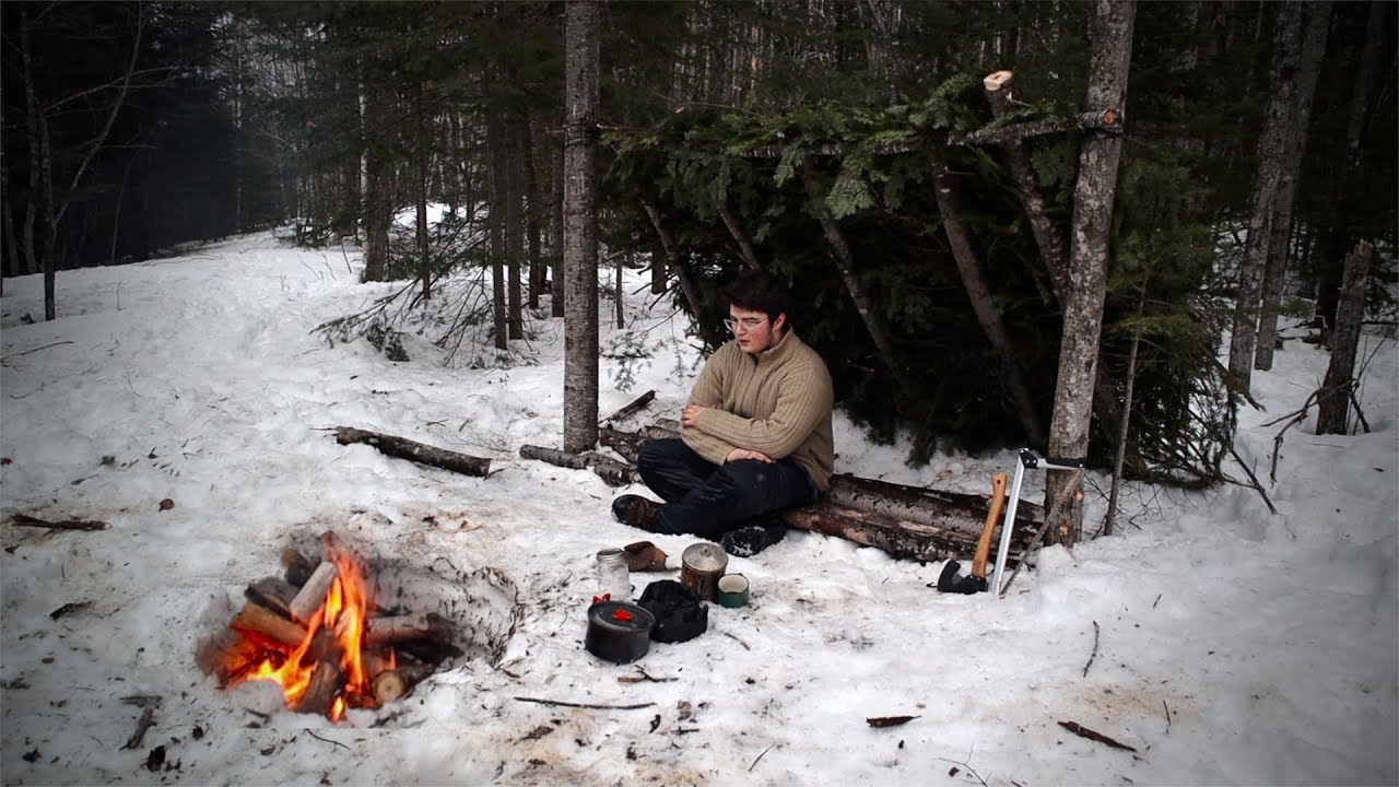 Winter Survival Shelter - Lean-to, Campfire Cooking, Chaga - YouTube