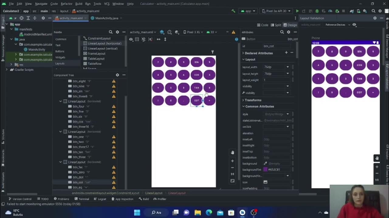 Hesap Makinesi-1a | Button Ekleme Boyutlandırma ve Renklendirme |Android Studio - java - YouTube