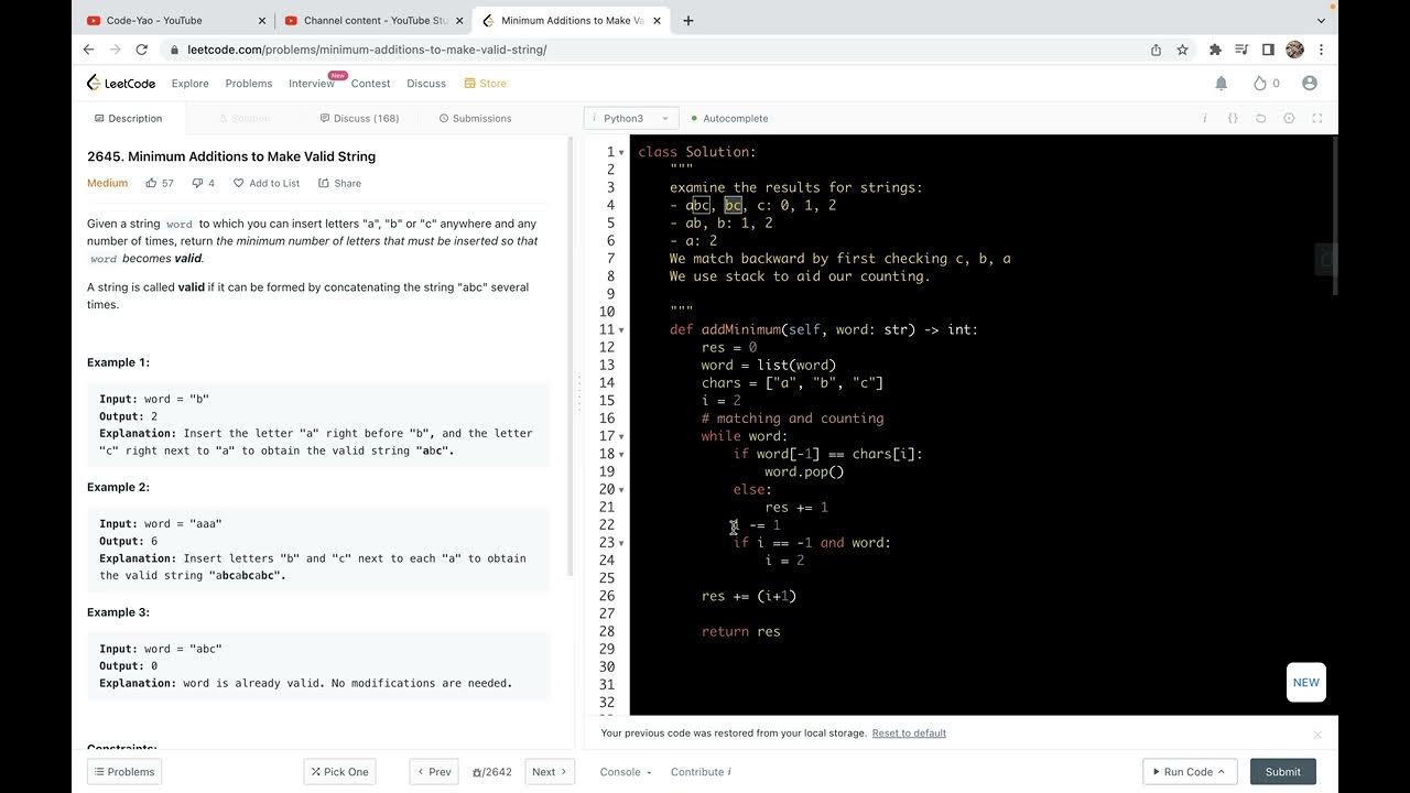 leetcode 2645. Minimum Additions to Make Valid String - stack; two formats to reveal the process ...