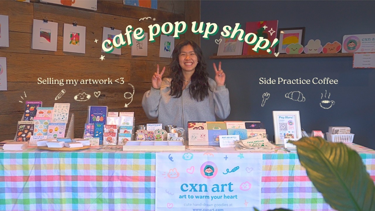 selling my art at a cafe for the 1st time! cozy cafe pop up shop ☕₊˚⊹ ...