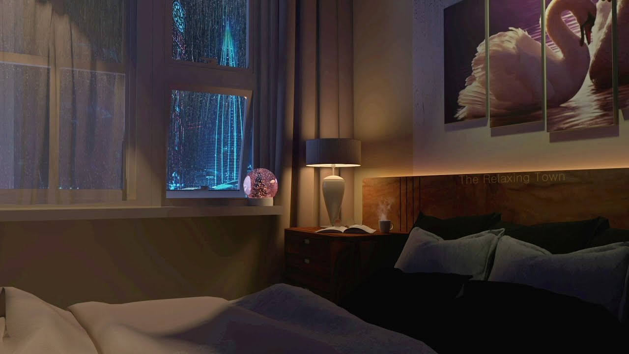 Cozy Bedroom on a Rainy Night - Neon building Outside the Window 10 ...