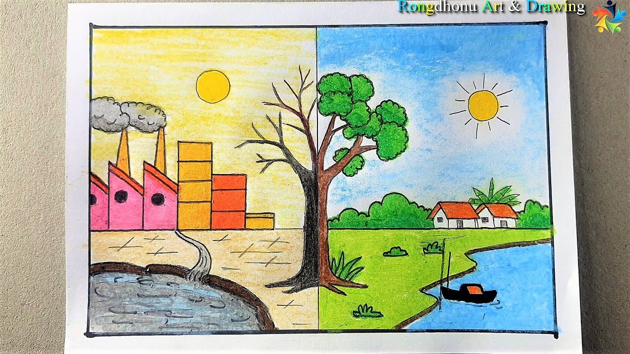 💚Village Vs City💛 Scenery Drawing 💚💚 Drawing for competition - YouTube