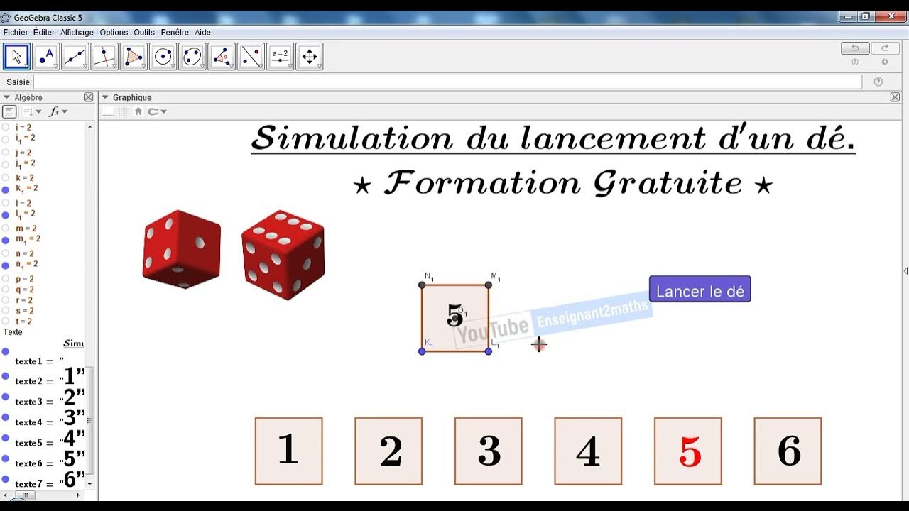 Formation GeoGebra : Simulation du lancement d'un dé. - YouTube