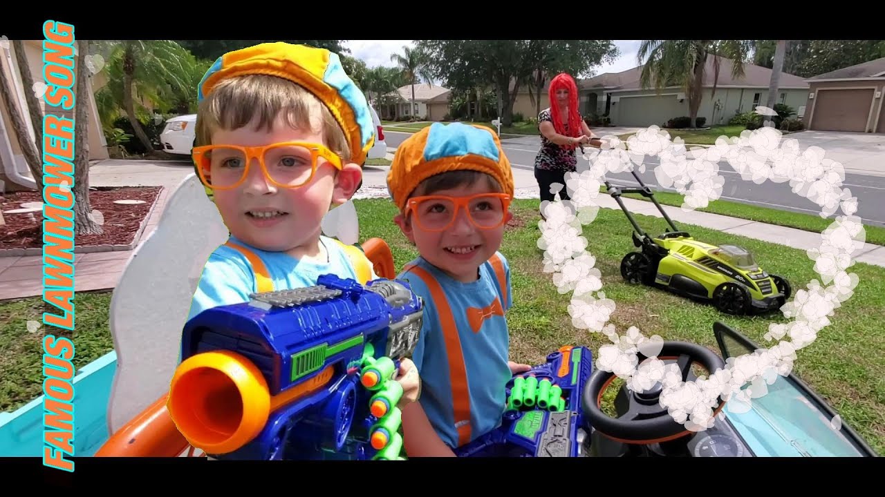 Blippi dressed toddler Nerf Gun Cupid 4K | Famous Lawnmower song ...