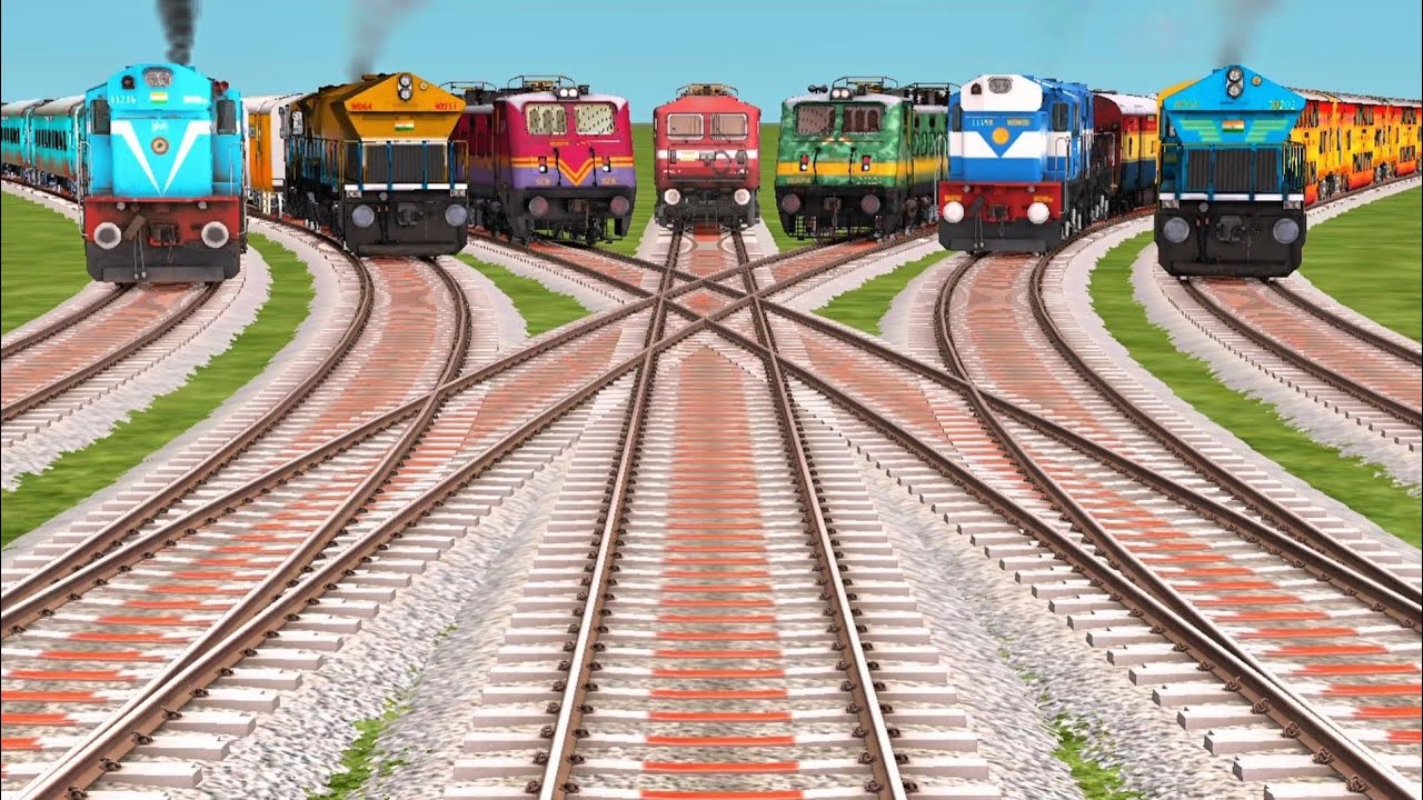 SEVEN RAIL RUNNING AT CURVED BRANCHED RAILROAD TRACKS RISKY RAILROAD ...