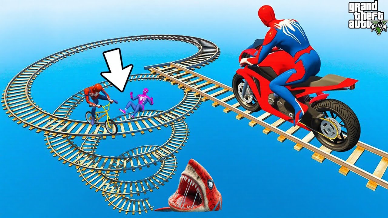 الأبطال الخارقين على القضبان دوامة قمع جسر SPIDER MAN!on Motorcycle in ...