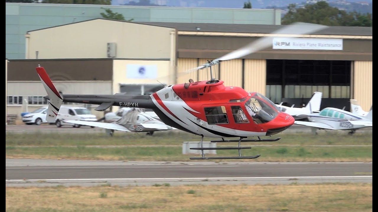 Bell 206 Jet Ranger taking off and landing at Cannes airport LFMD - YouTube