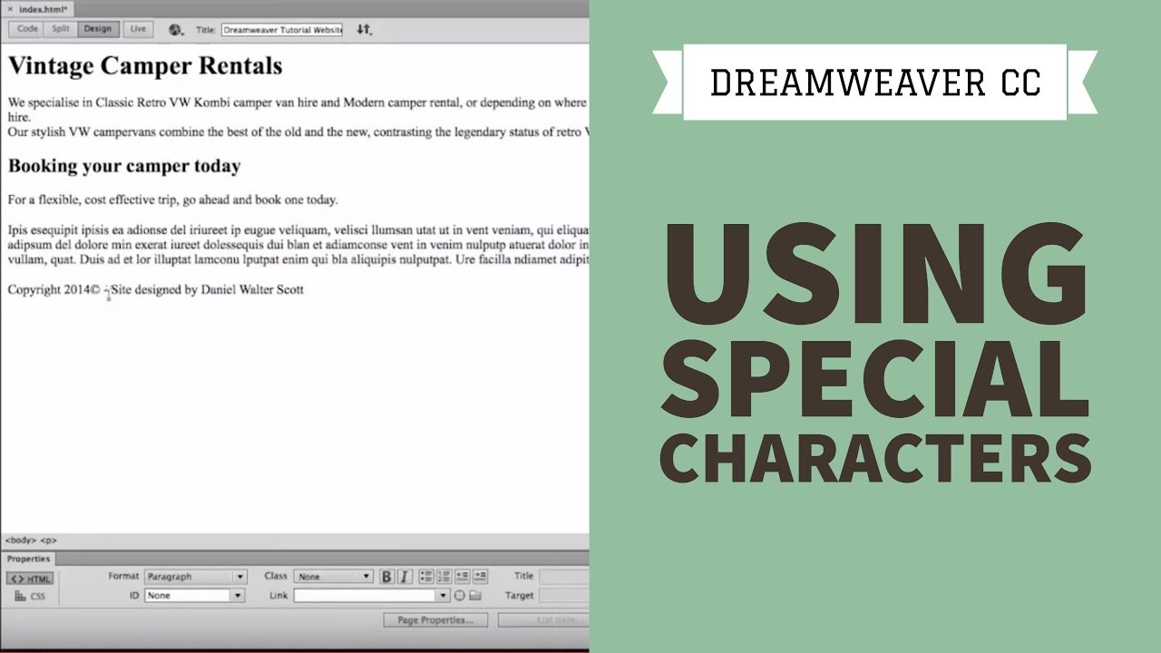 Using Special Characters In Dreamweaver CC [5/34] - YouTube
