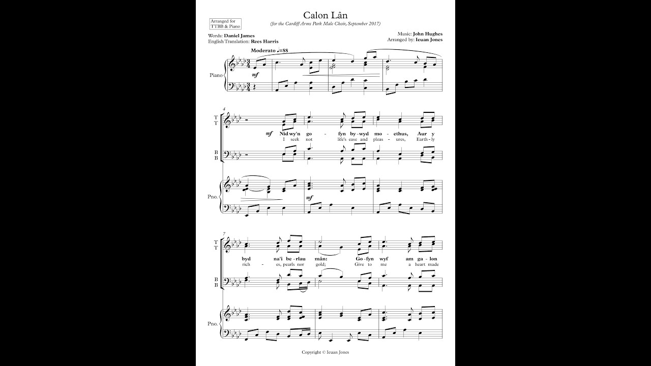 Calon Lân (A Clean Heart) Arranged for Male Choir (TTBB) and Piano by ...