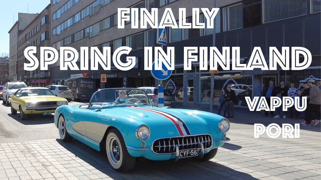 A walk through a Finnish city in spring.Vintage car parade. Pori. 4K ...