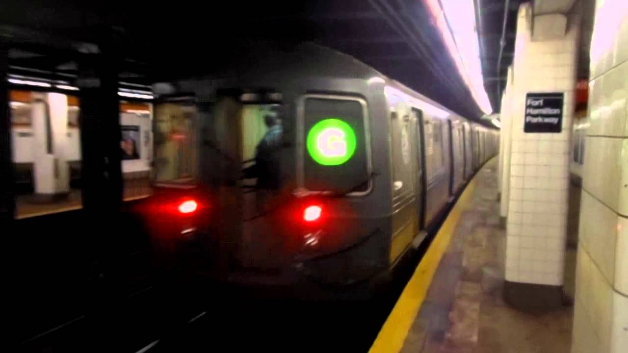 MTA R68A (G) train with Train to the Plane rollsign departing Ft Ham ...