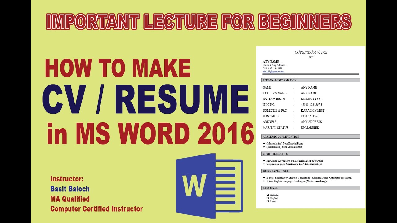How to make CV | Resume in MS Word 2016 Lecture for Beginners - YouTube
