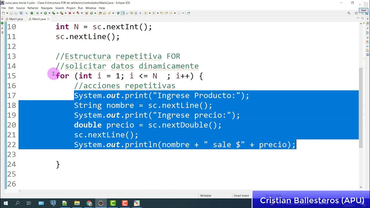 Estructura FOR en JAVA solicitar datos dinámicamente por cada vuelta PARTE 2/2 - YouTube