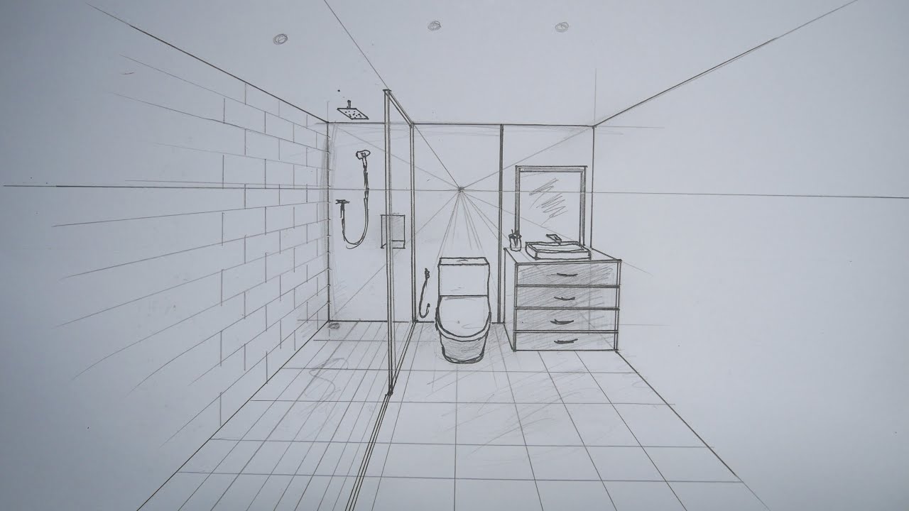 architecture how to draw a simple bathroom in 1 point perspective - YouTube