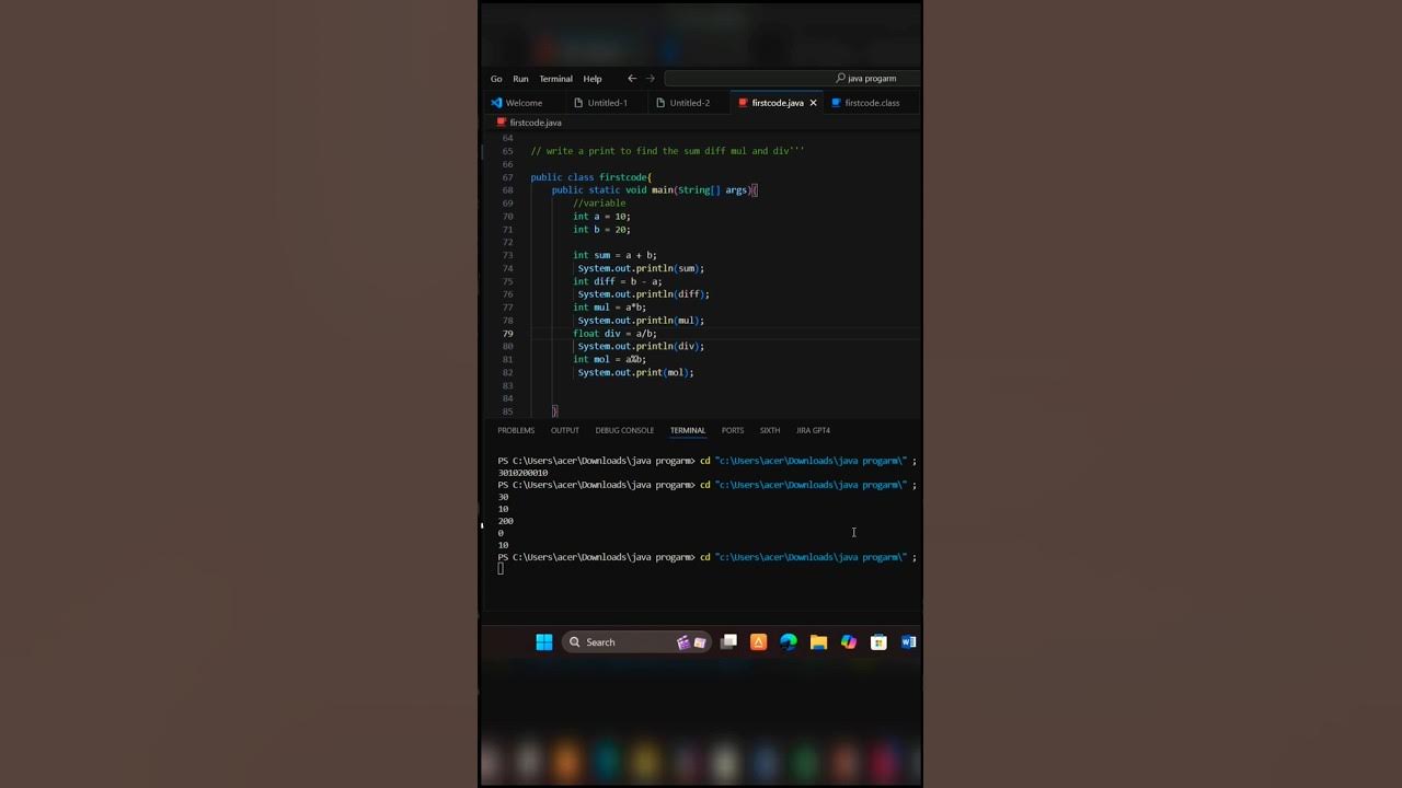 Java programming find sum diff mul and div or two number #java #like #share #coding - YouTube
