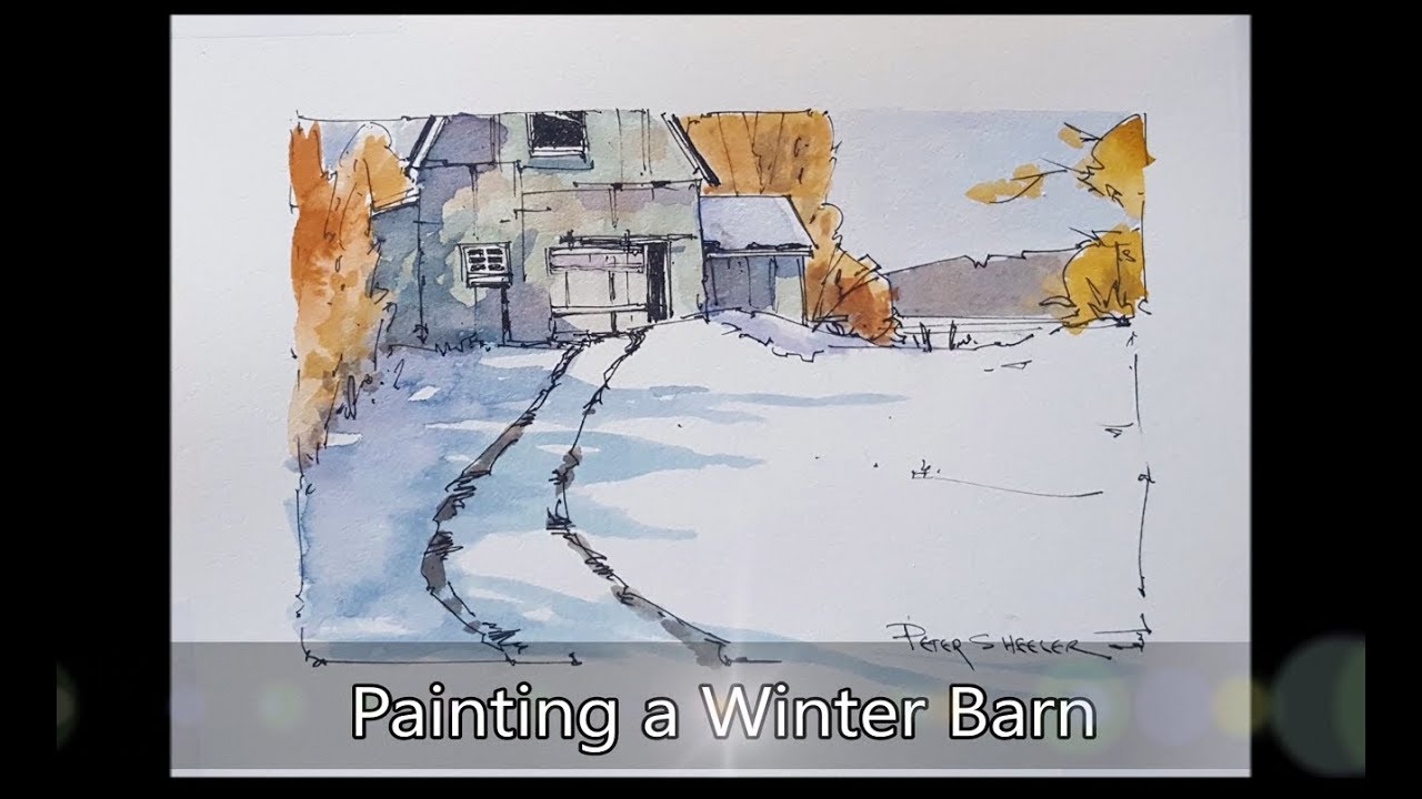 Simple winter barn and shadows in Line and Wash watercolor. Peter ...