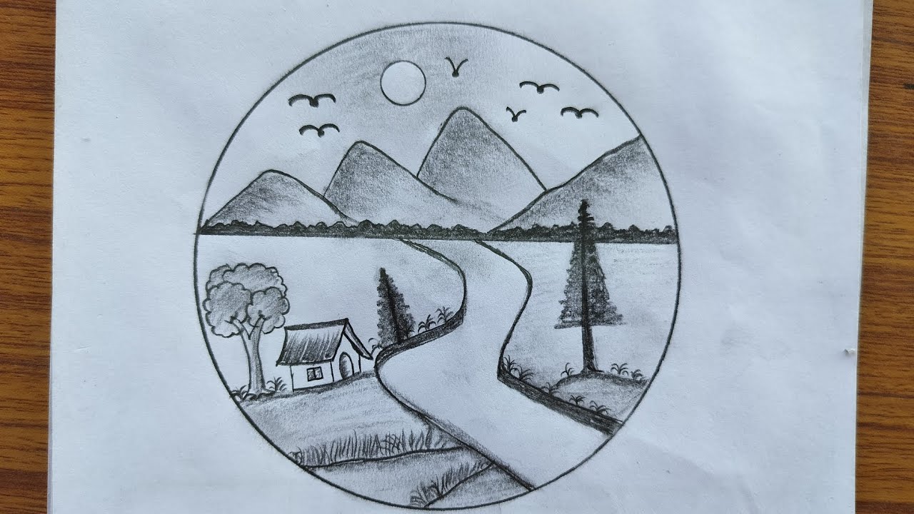 Beautiful scenery circle drawing step by step/ pencil shading drawing ...