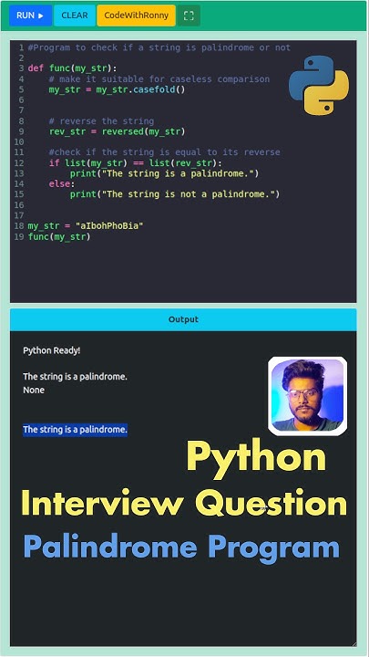 Python Program To Check Palindrome Datastructuresandalgorithmsinpython Python Coding Youtube