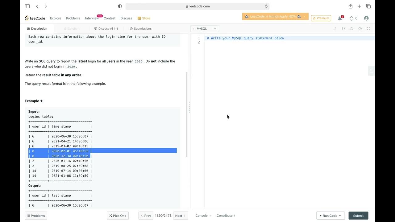 The Latest Login in 2020 #leetcode #mssqlserver #mysql #easy - YouTube