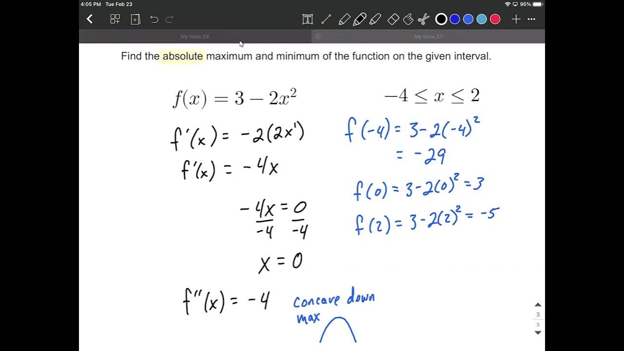 Find the absolute maximum and minimum of quadratic function on given ...