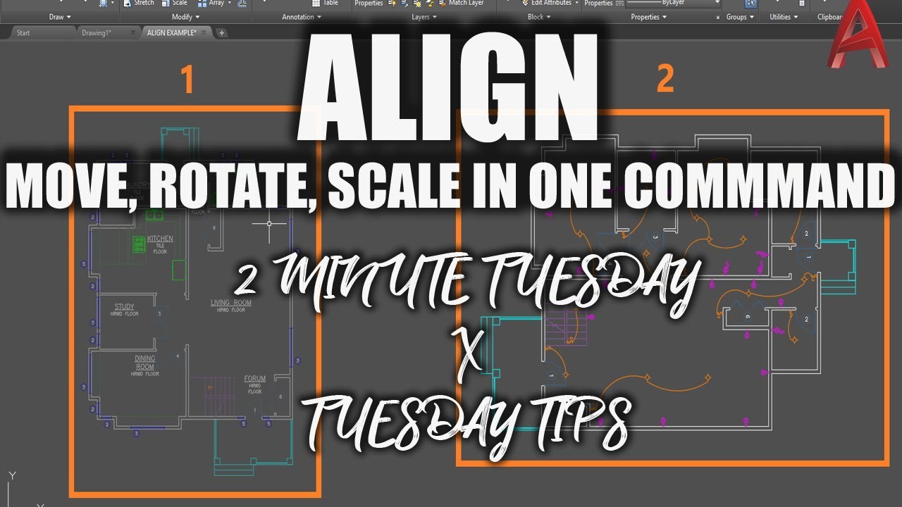 Autocad Align Tutorial How To Align And Scale Ojects Quickly 2 Minute Tuesday Youtube