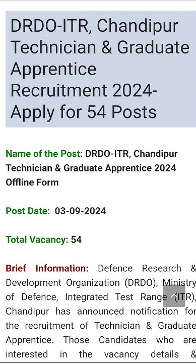 DRDO-ITR, Chandipur Technician & Graduate Apprentice Recruitment 2024- Apply for 54 Posts - YouTube