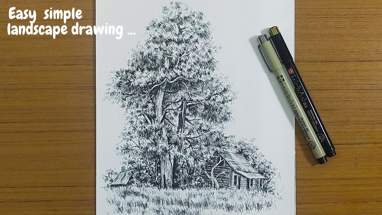 HOW TO DRAW SIMPLE SCENERY : TREE AND HOUSE 🏡 WITH PEN - YouTube