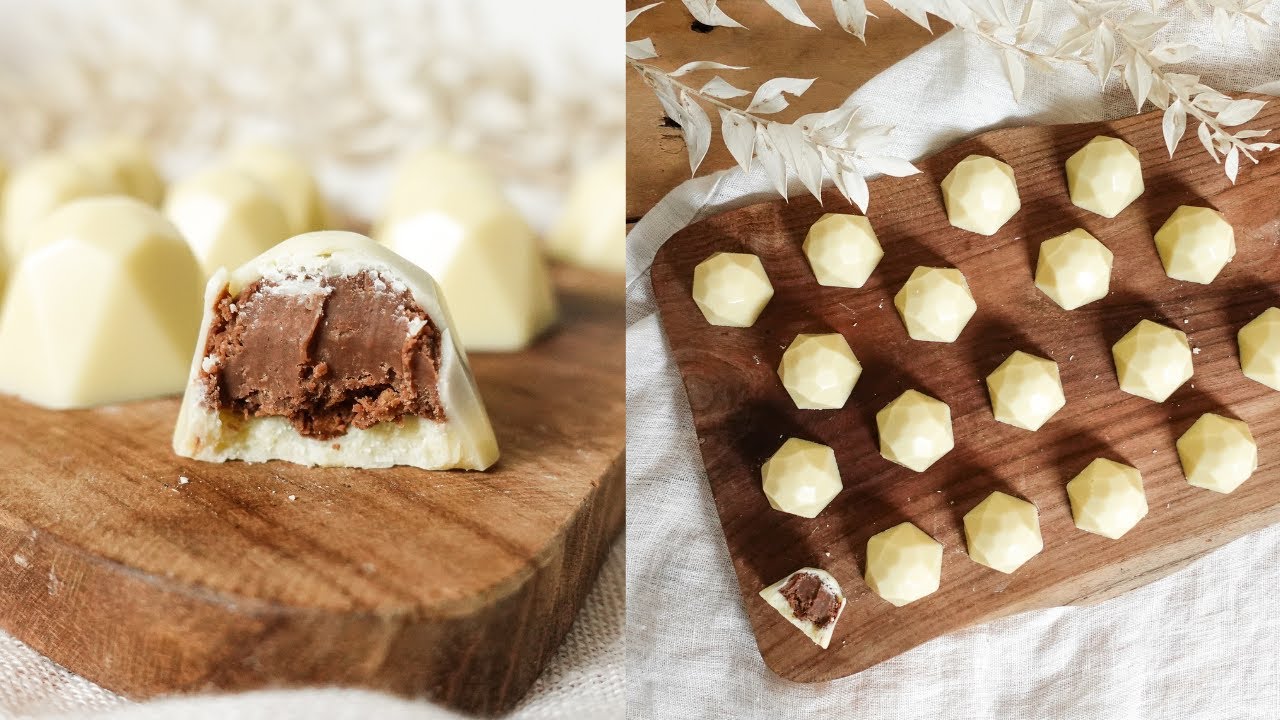 Chocolat blanc cœur croustillant praliné - YouTube