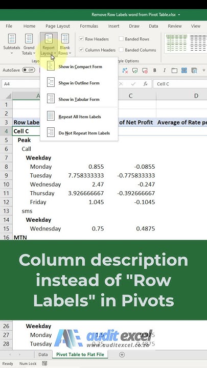 Pivot table row labels in separate columns #msexcel #excel # ...