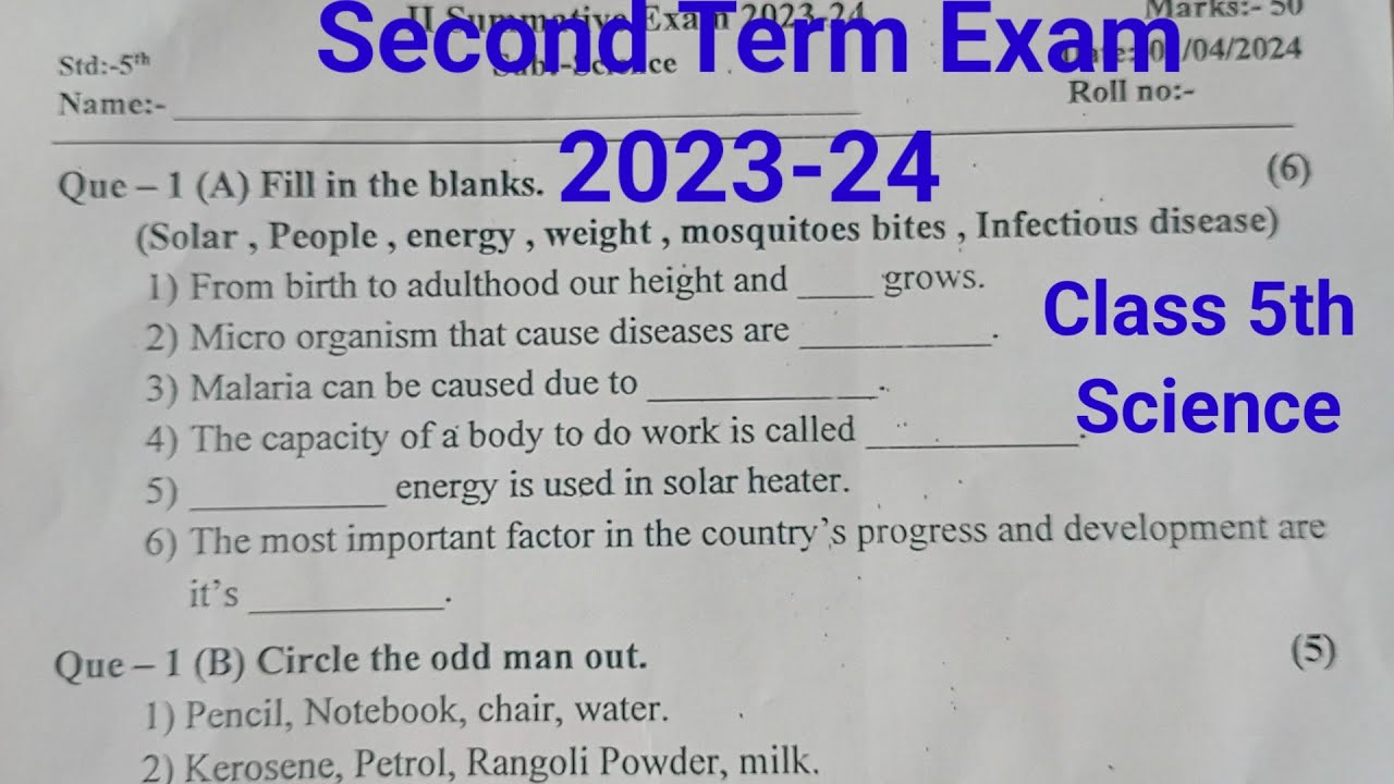 Second Term Exam Class 5th Science question paper 2023-24 | Final Exam ...