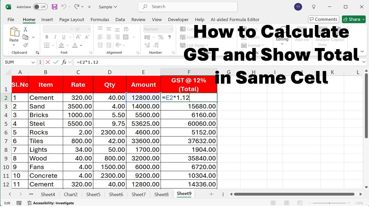 How to Calculate GST and Show Total on Same Cell in MS Excel - YouTube