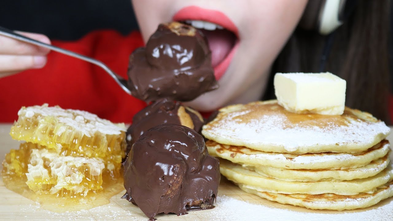 ASMR PANCAKES, CHOCOLATE PROFITEROLES & RAW HONEYCOMB (SOFT & STICKY ...
